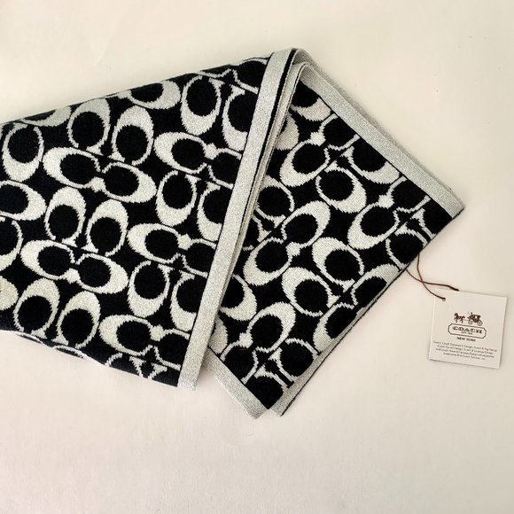 Coach | Accessories | Coach Signature Logo Knit Scarf Black Metallic ...